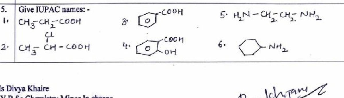 Give IUPAC names for the following compounds: CH₃-CH₂-COOH CH₃-CH(Cl)-CO..