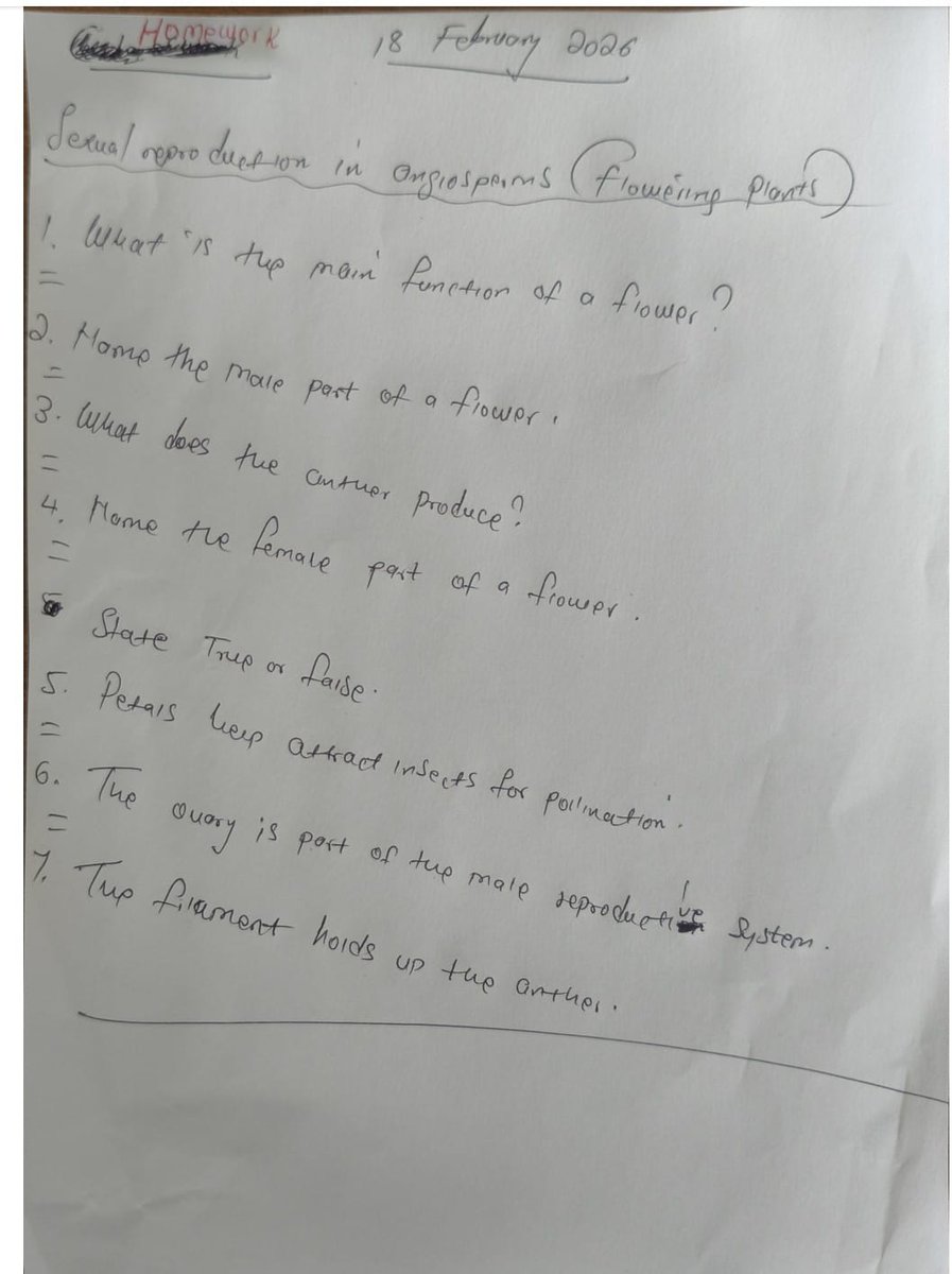 Homework 18 February 2026 Sexual reproduction in angiosperms (Flowering
