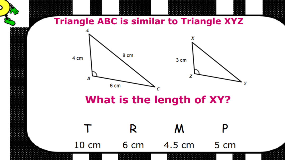 Triangle ABC is similar to Triangle XYZ. Given: Triangle ABC has sides A..