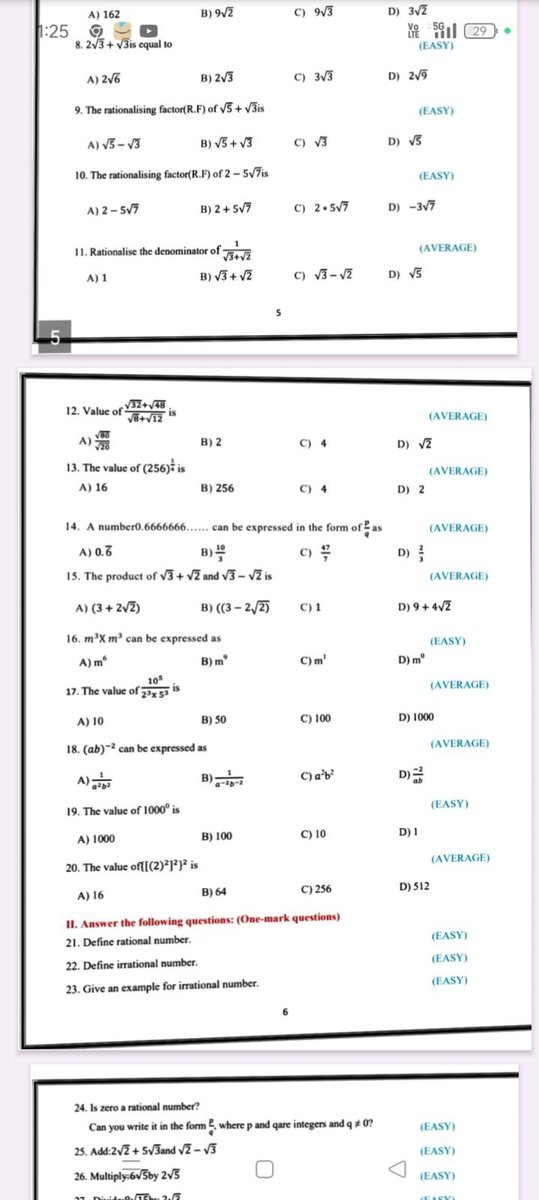 Here are multiple questions related to numbers and algebra: I. Multiple