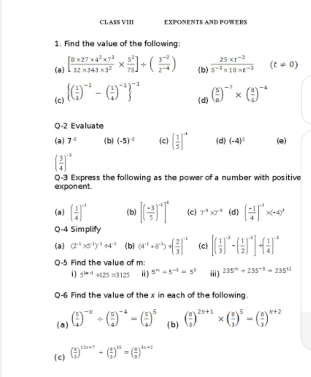 CLASS VIII EXPONENTS AND POWERS Find the value of the following: (a) \l..