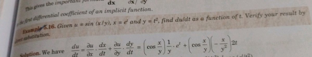 Given u = \sin(x/y), x = e^t and y = t^2, find du/dt as a function of t.