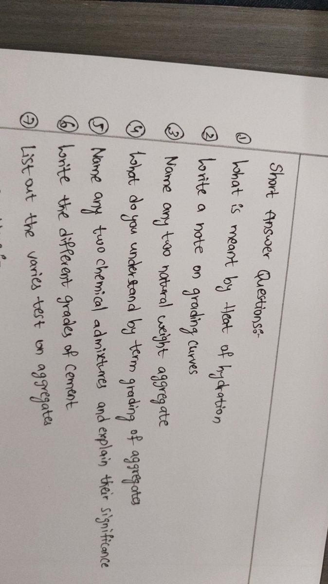 Short Answer Questions: What is meant by Heat of hydration? Write a note..