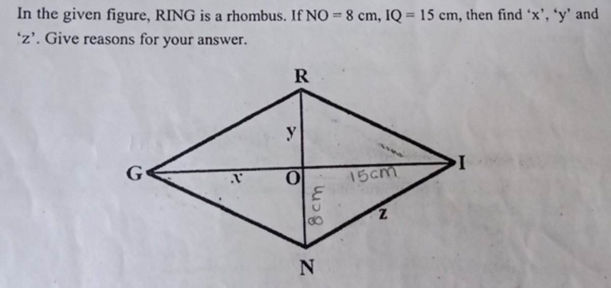 In the given figure, RING is a rhombus. If NO = 8 cm, IO = 15 cm, then fi..