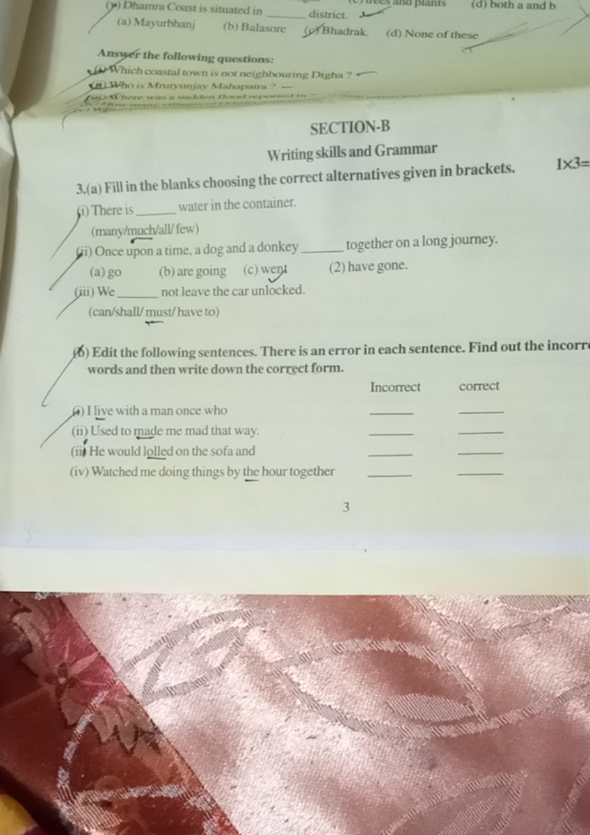 SECTION-B Writing skills and Grammar 3.(a) Fill in the blanks choosing t..