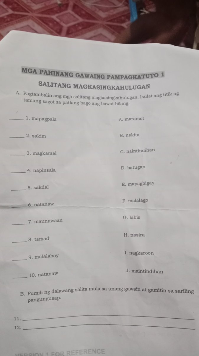 MGA PAHINANG GAWAING PAMPAGKATUTO 1 SALITANG MAGKASINGKAHULUGAN A. Pagta..