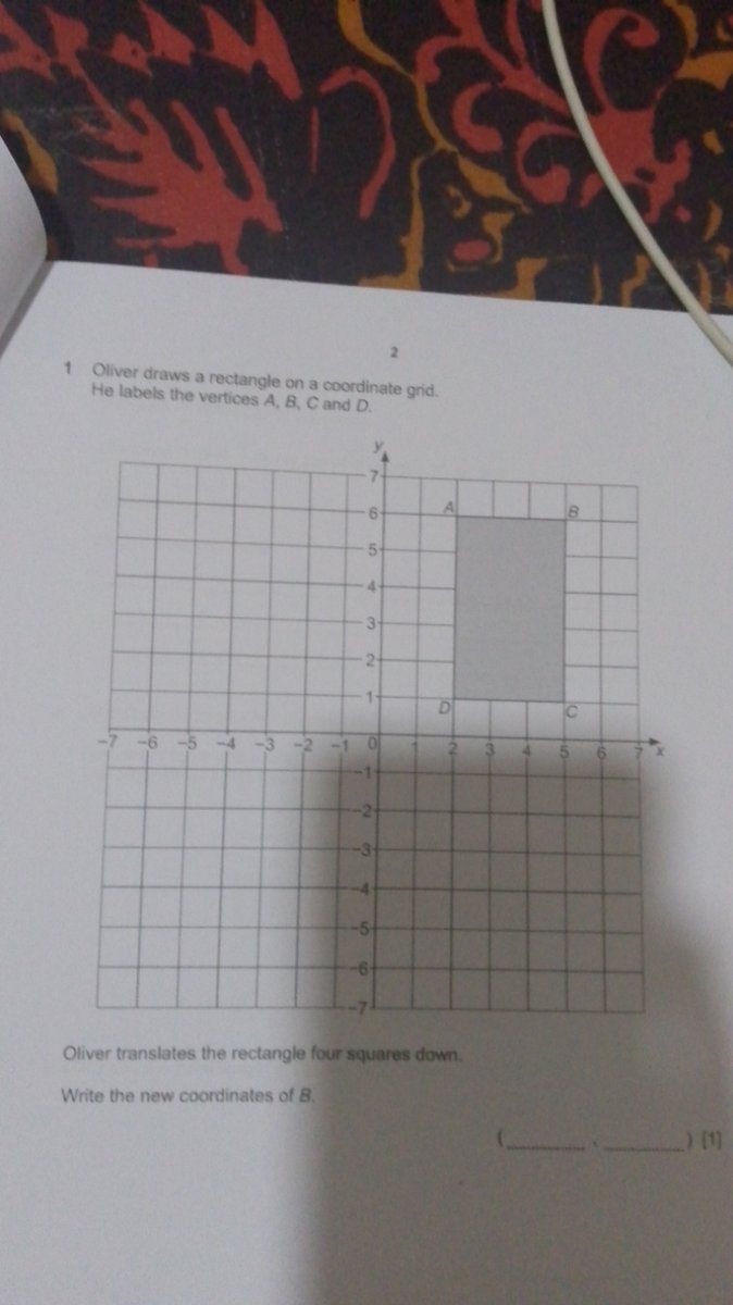 Oliver draws a rectangle on a coordinate grid. He labels the vertices A,