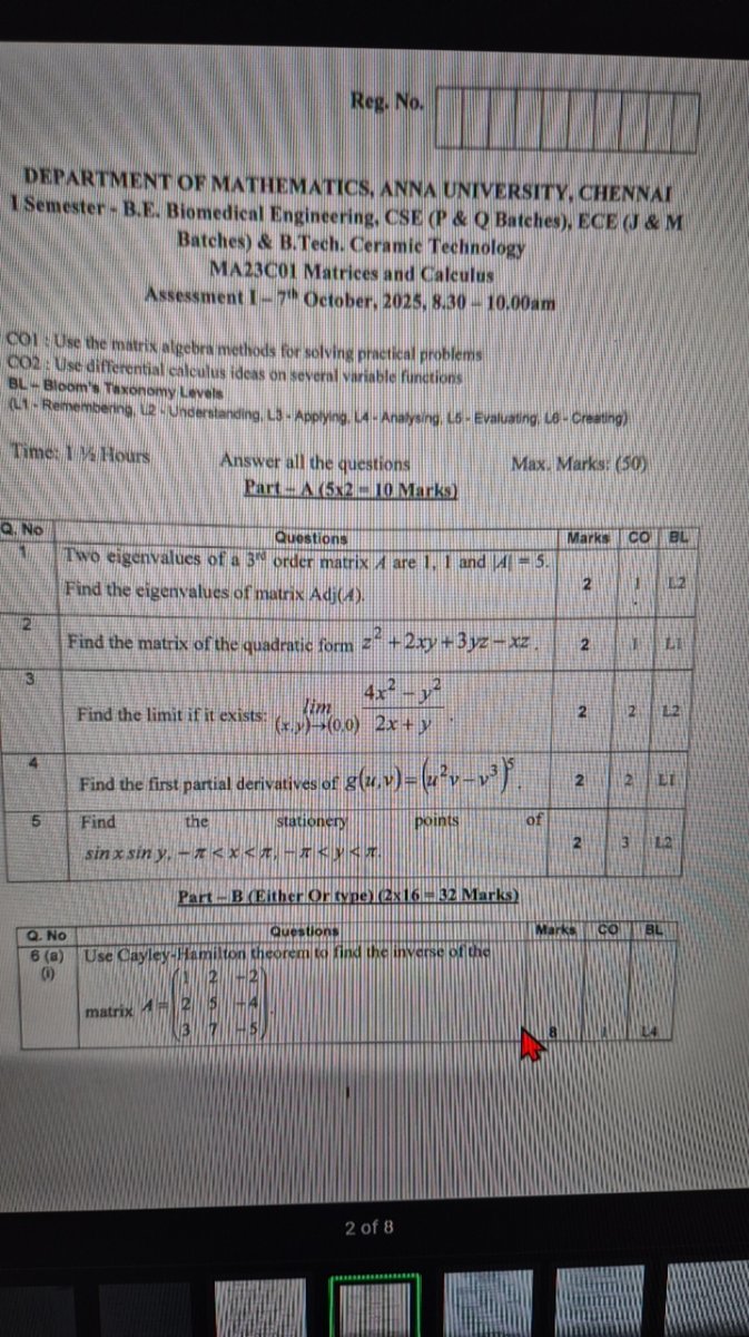 Here are some questions from a Mathematics exam: Part-A (5x2 = 10 Marks)..