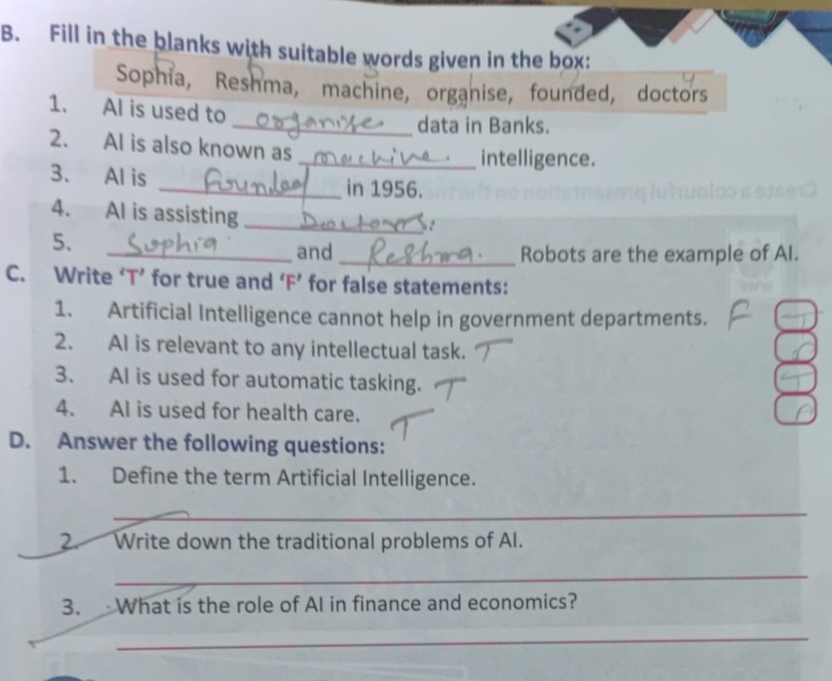 B. Fill in the blanks with suitable words given in the box: Sophia, Reshm..