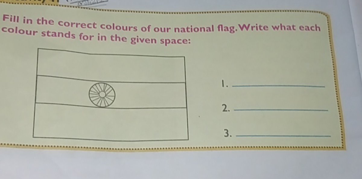 Fill in the correct colours of our national flag. Write what each colour