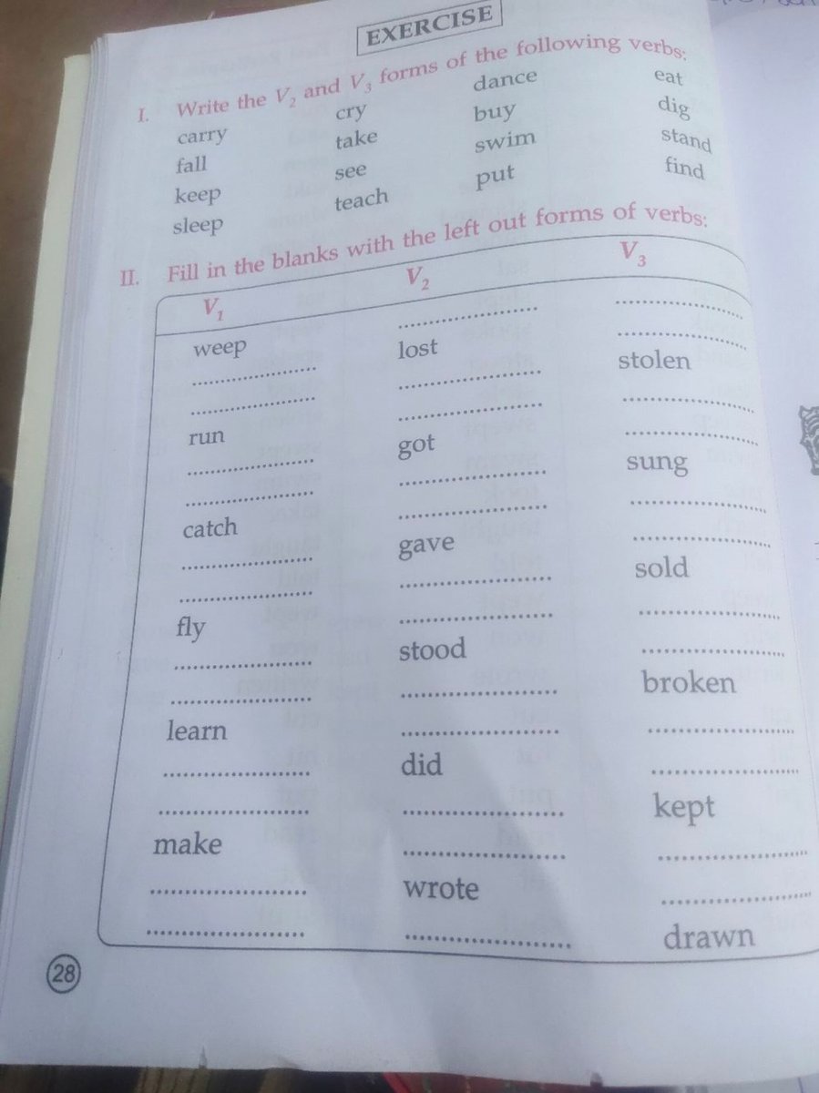 I. Write the V2 and V3 forms of the following verbs: carry fall keep slee..