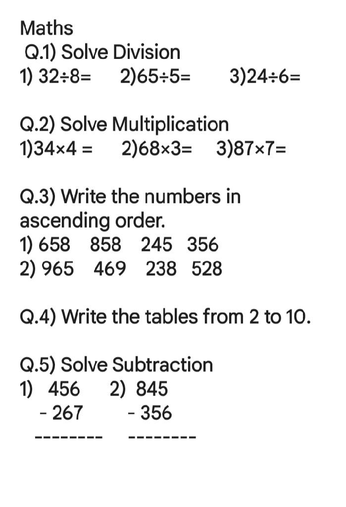 Maths Q.1) Solve Division 1) 32 \div 8 = 2) 65 \div 5 = 3) 24 \div 6