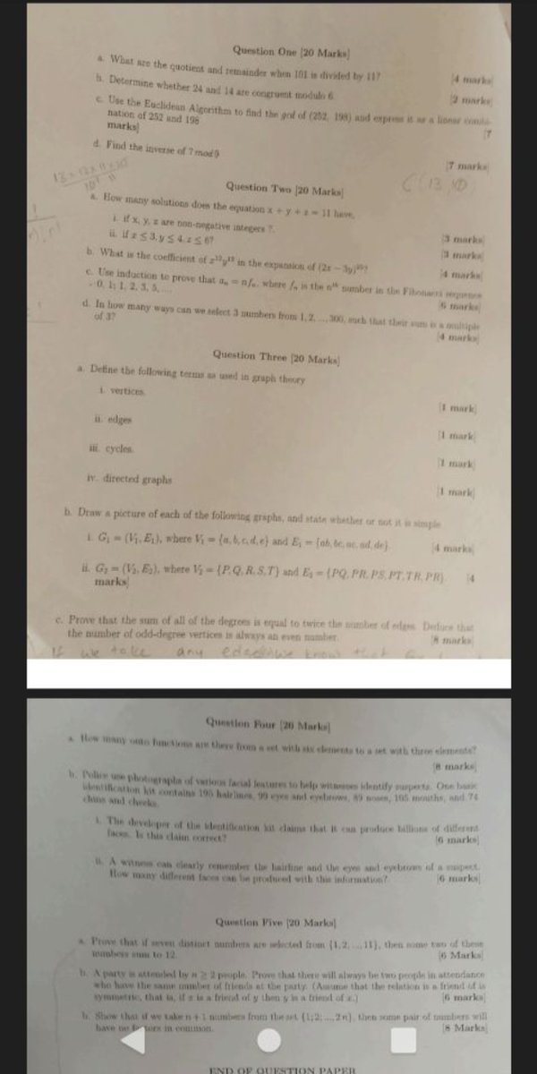 Question One [20 Marks] a. What are the quotient and remainder when 101 i..