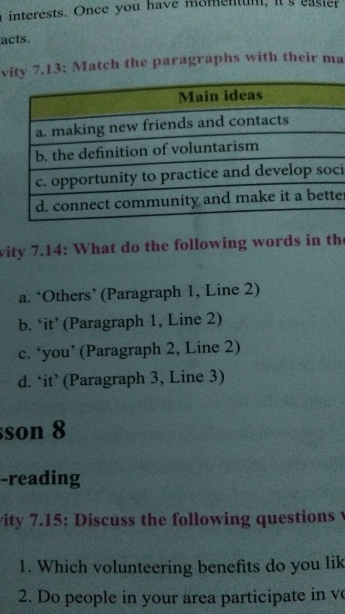 Activity 7.13: Match the paragraphs with their main ideas. Main ideas: a..