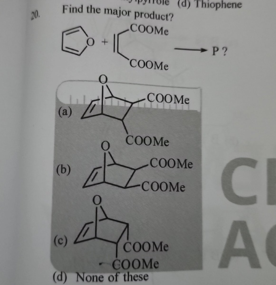 Find the major product? Diagram showing Furan reacting with Dimethyl fum..