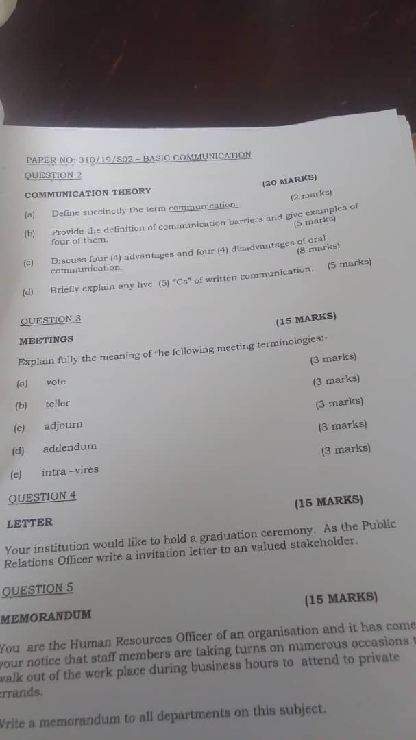 PAPER NO: 310/19/S02-BASIC COMMUNICATION QUESTION 2 COMMUNICATION THEORY..