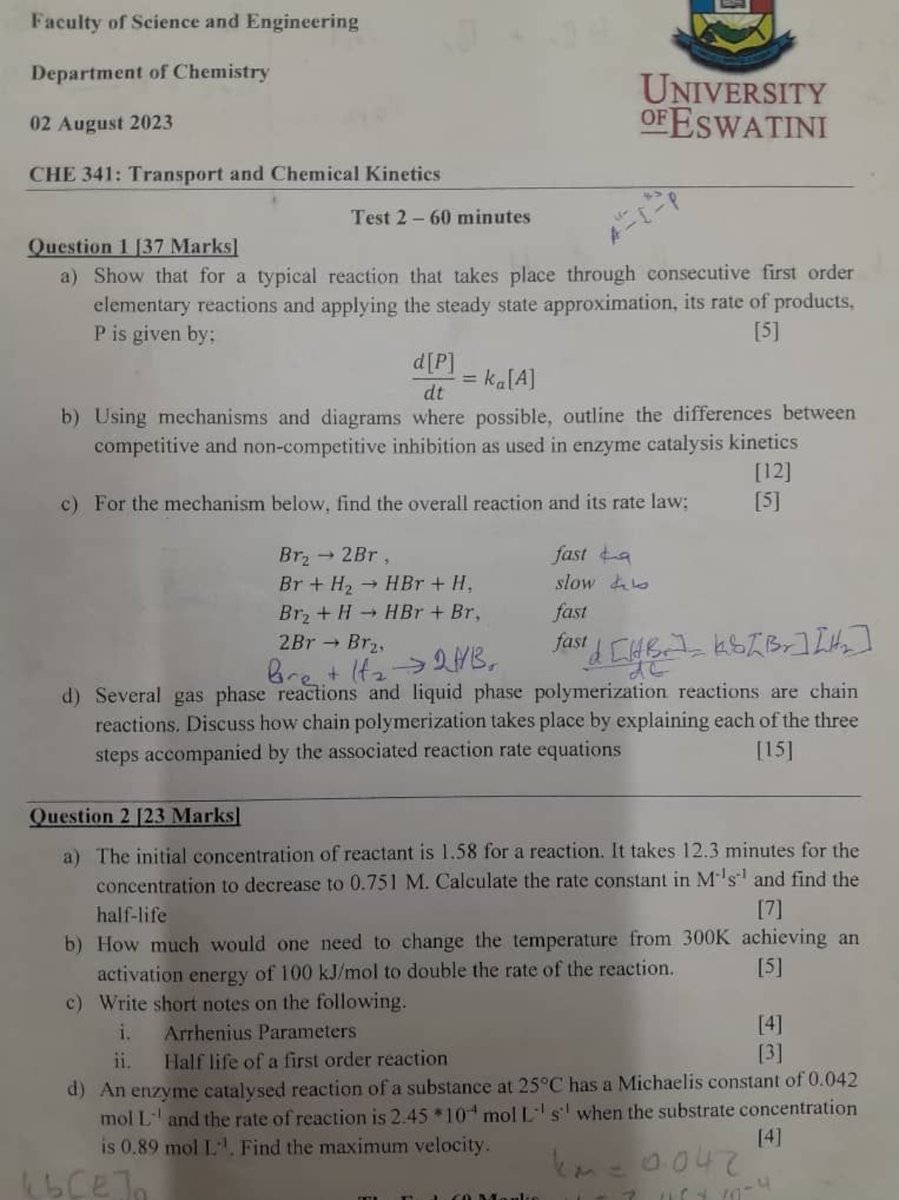 CHE 341: Transport and Chemical Kinetics Question 1 37 Marks] a) Show t..