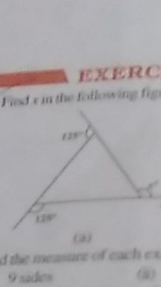 Find x in the following figure: (The image shows a triangle with two ext..