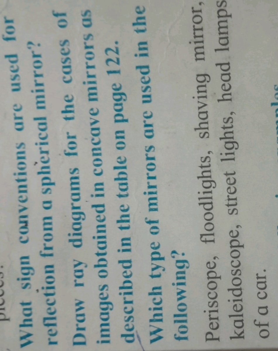 What sign conventions are used for reflection from a spherical mirror? Dr..