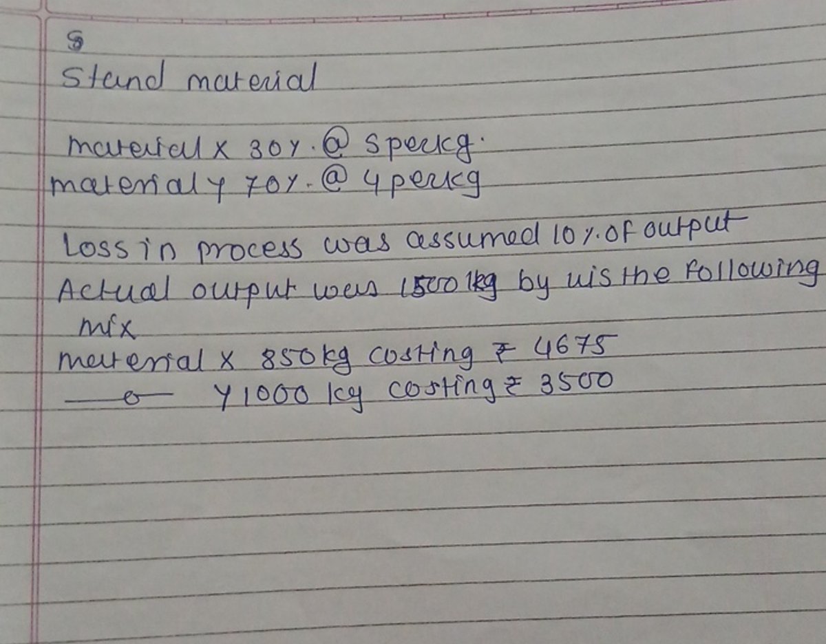 Stand material material x 30% @ 5 per kg. material y 70% @ 4 per kg Loss