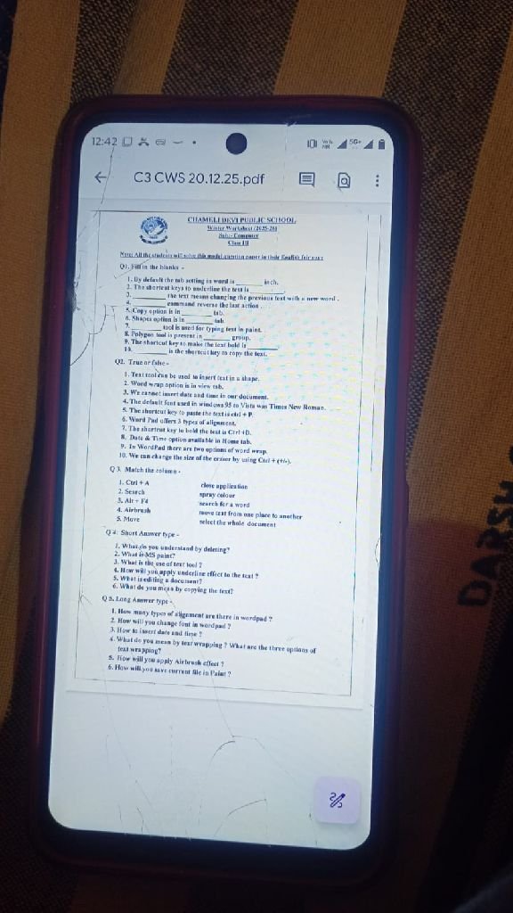 CHAMELIDEVI PUBLIC SCHOOL Winter Worksheet (2023-2024) Sub: Computer Clas..