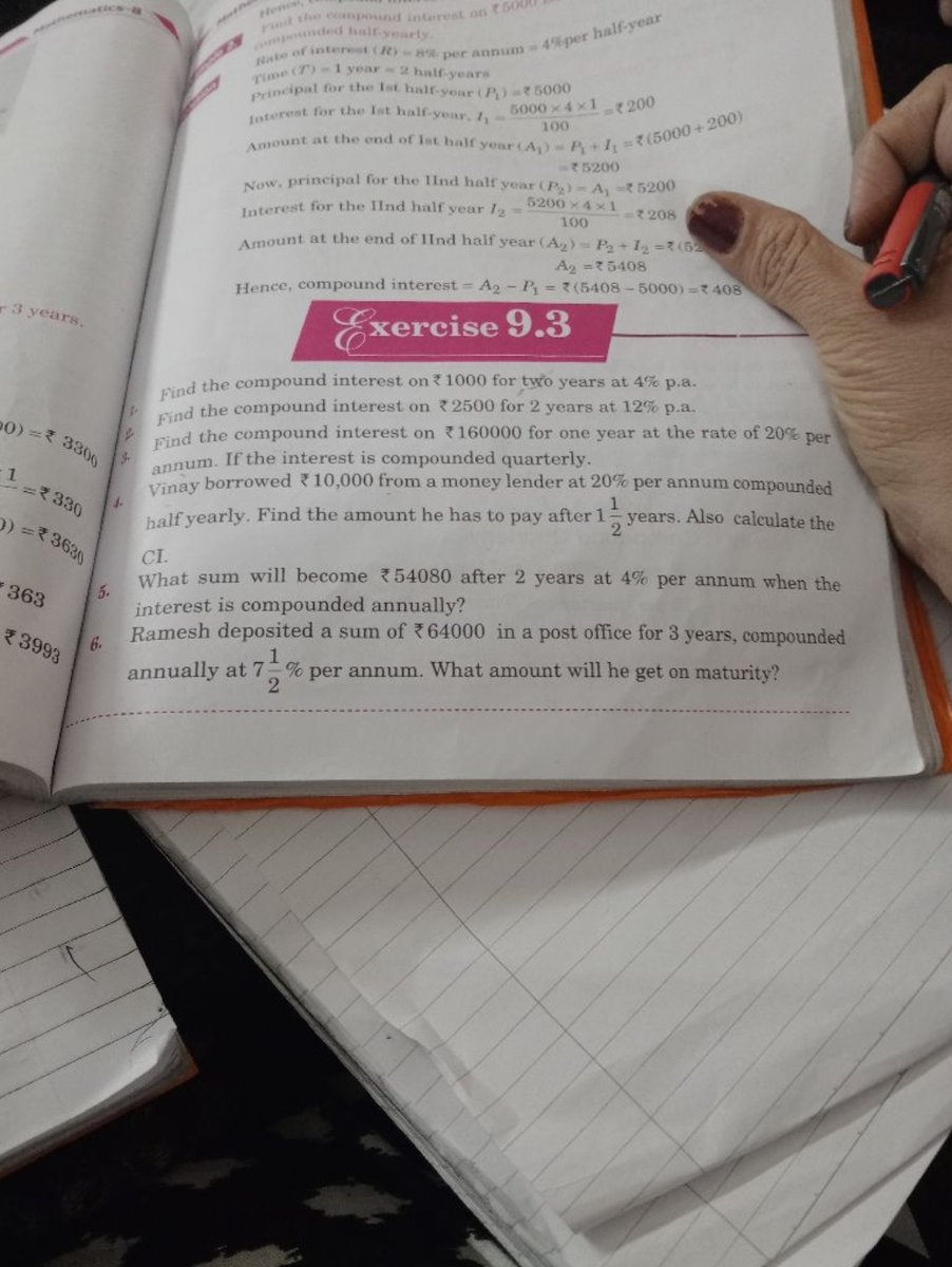 Exercise 9.3 Find the compound interest on ₹1000 for two years at 4% p.a..