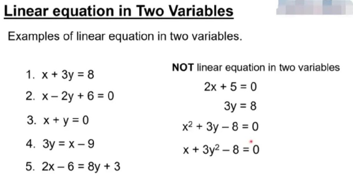 Linear equation in Two Variables Examples of linear equation in two varia..