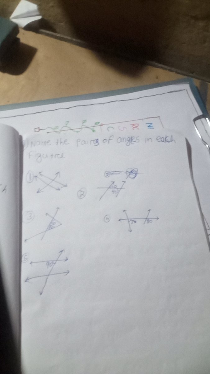 Name the pairs of angles in each figure. (Diagram of two intersecting li..