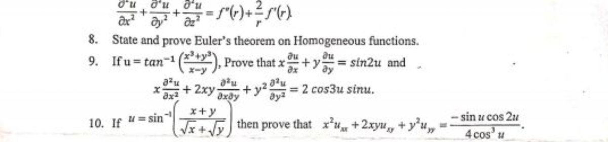 State and prove Euler's theorem on Homogeneous functions. If u = tan^{-..