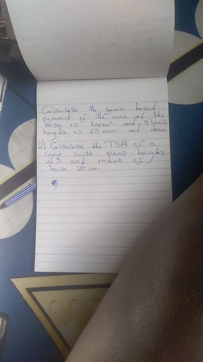 1) Calculate the volume of a square-based pyramid if the area of the base..