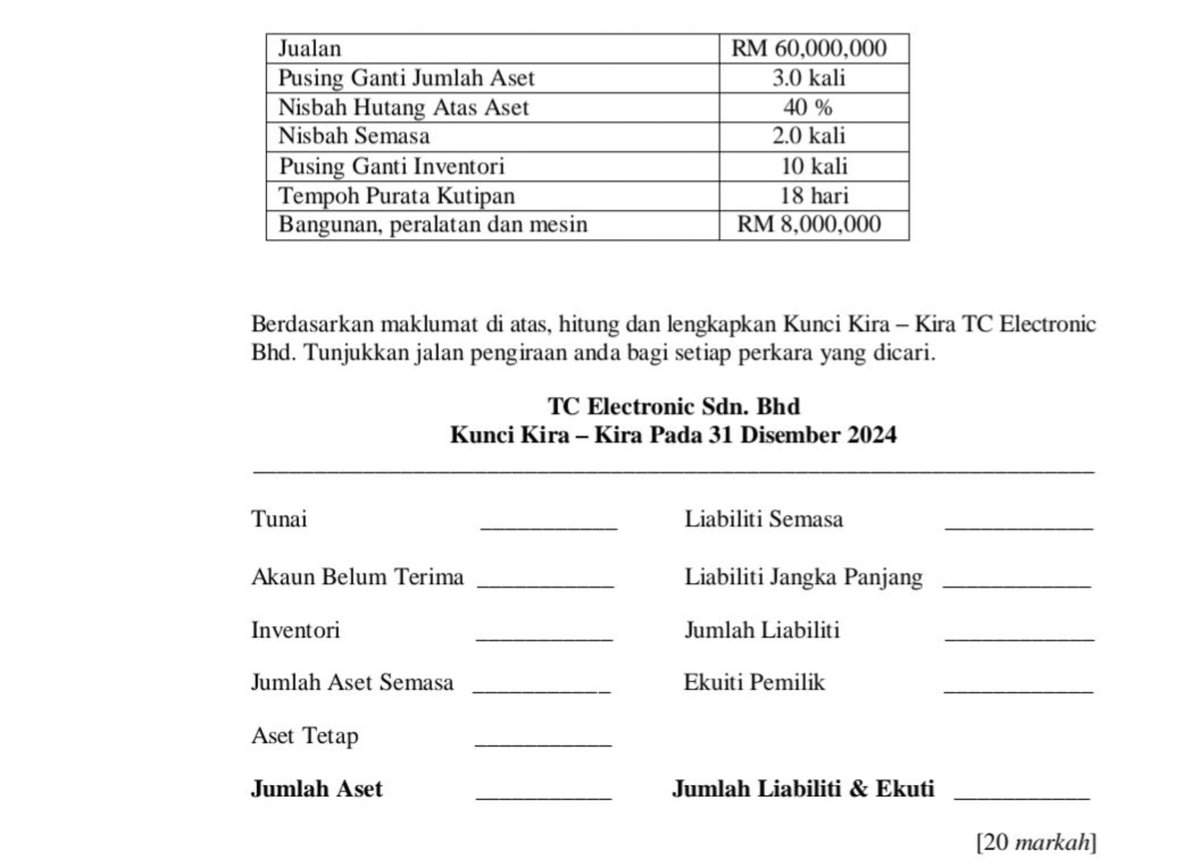 Berdasarkan maklumat di atas, hitung dan lengkapkan Kunci Kira – Kira TC