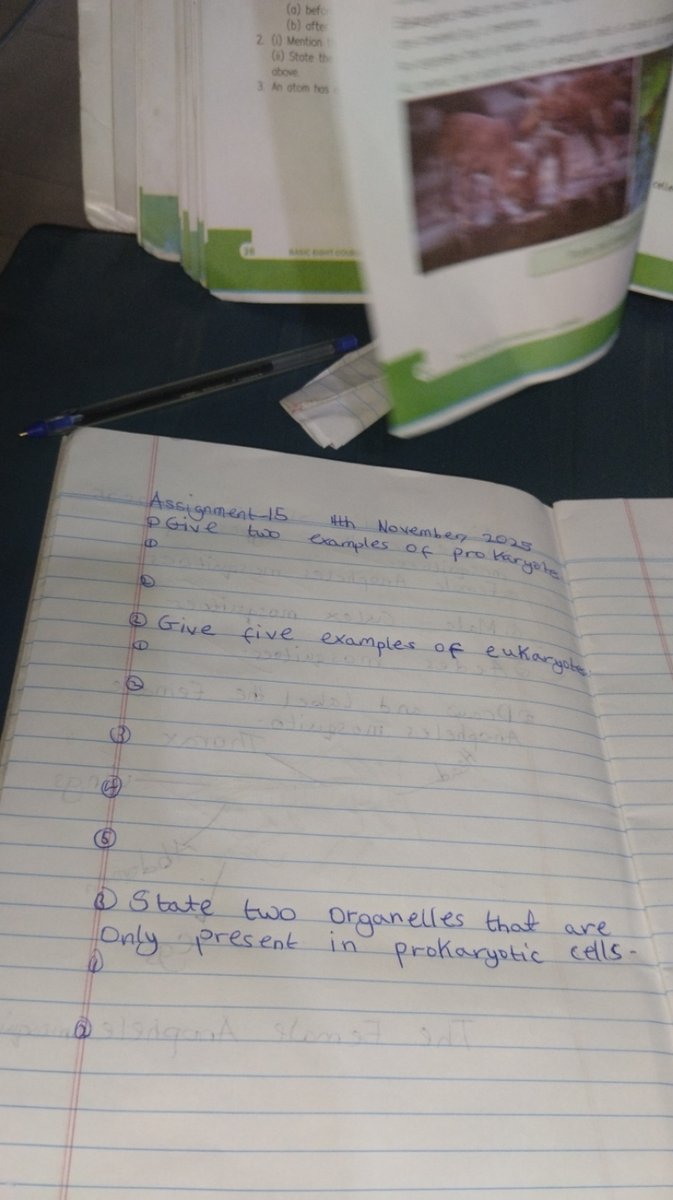 Assignment 15 4th November 2025 Give two examples of prokaryotes. Give f..