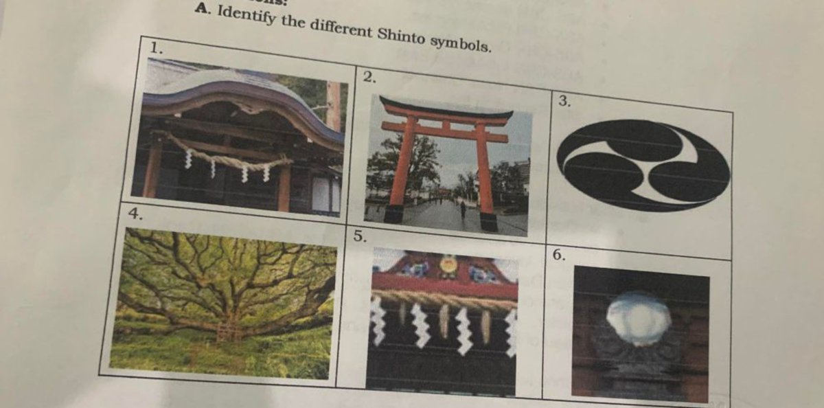 A. Identify the different Shinto symbols. [Image with 6 numbered picture..