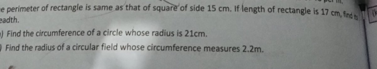 The perimeter of a rectangle is the same as that of a square of side 15 c..