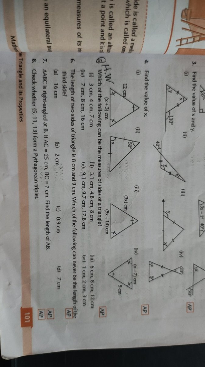 Find the value of x and y. (i) Diagram of a triangle with angles 110°, x,..
