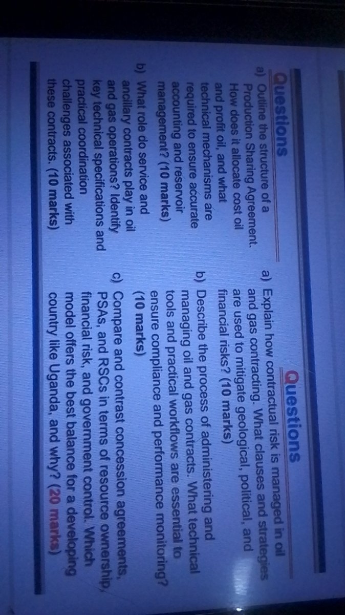 Here are the questions: a) Outline the structure of a Production Sharing..
