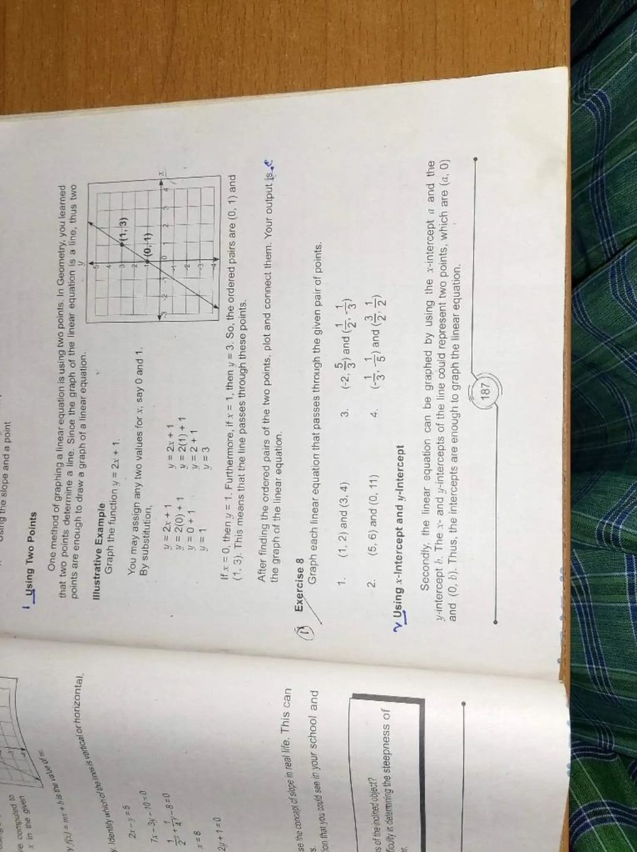 Graph each linear equation that passes through the given pair of points.