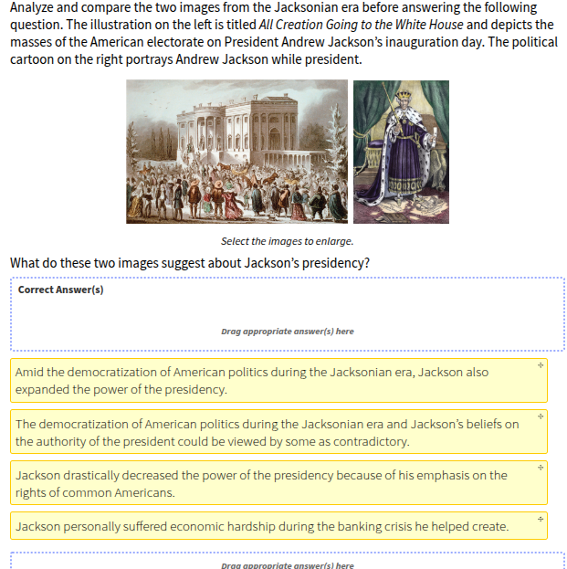 Analyze and compare the two images from the Jacksonian era before answeri..