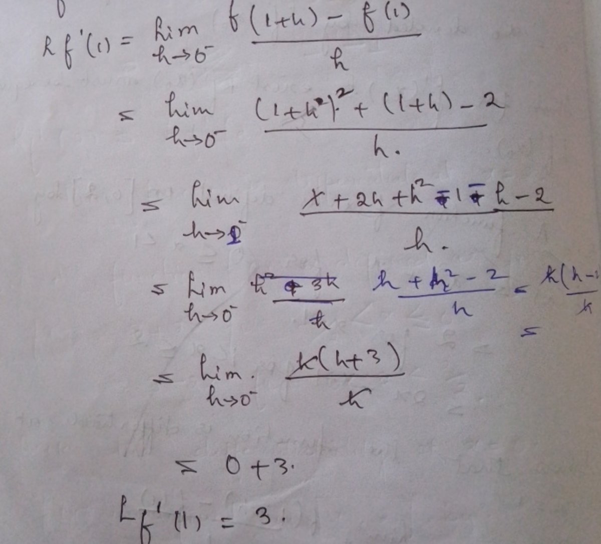 The image shows the calculation of the derivative of a function at a spec..