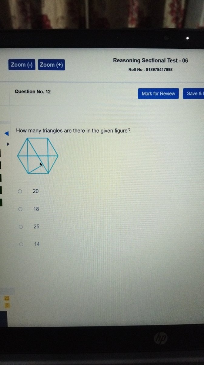 How many triangles are there in the given figure? [Diagram of a hexagon