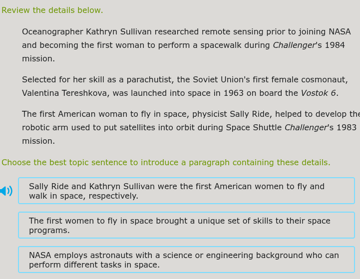 Review the details below. Oceanographer Kathryn Sullivan researched remo..