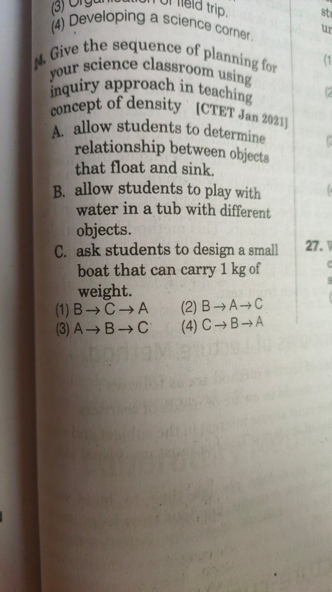 Give the sequence of planning for your science classroom using inquiry ap..