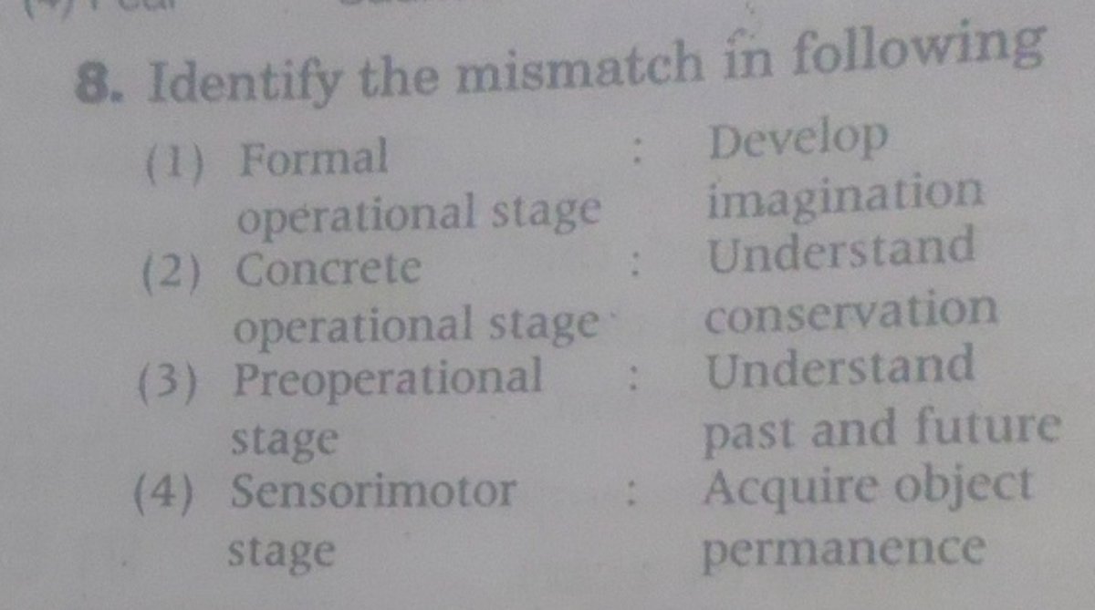 Identify the mismatch in following: (1) Formal operational stage: Develo..