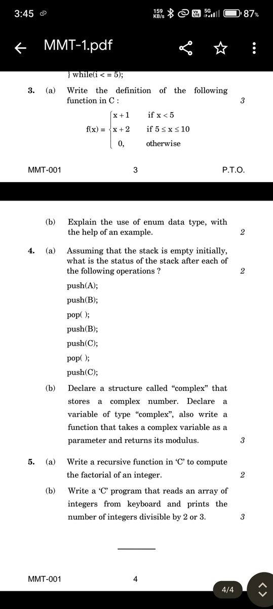 Here are a few questions related to C programming and data structures: 3..