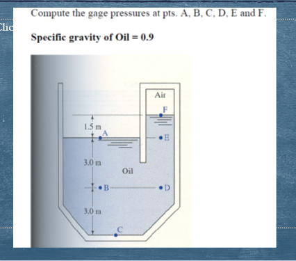Compute the gage pressures at pts. A, B, C, D, E and F. Specific gravity
