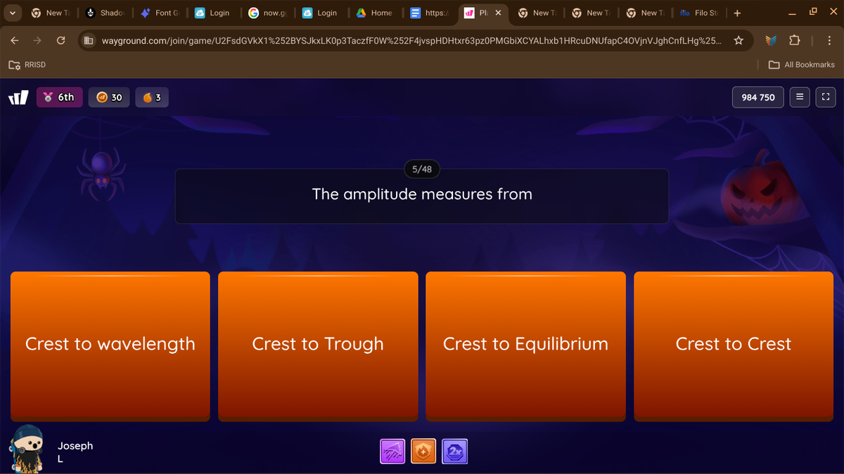 The amplitude measures from: A) Crest to wavelength B) Crest to Trough C..