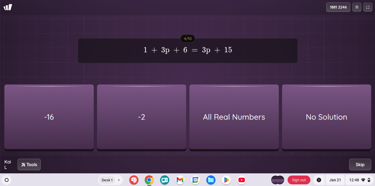 Solve the equation: 1 + 3p + 6 = 3p + 15 Choose the correct option: -16