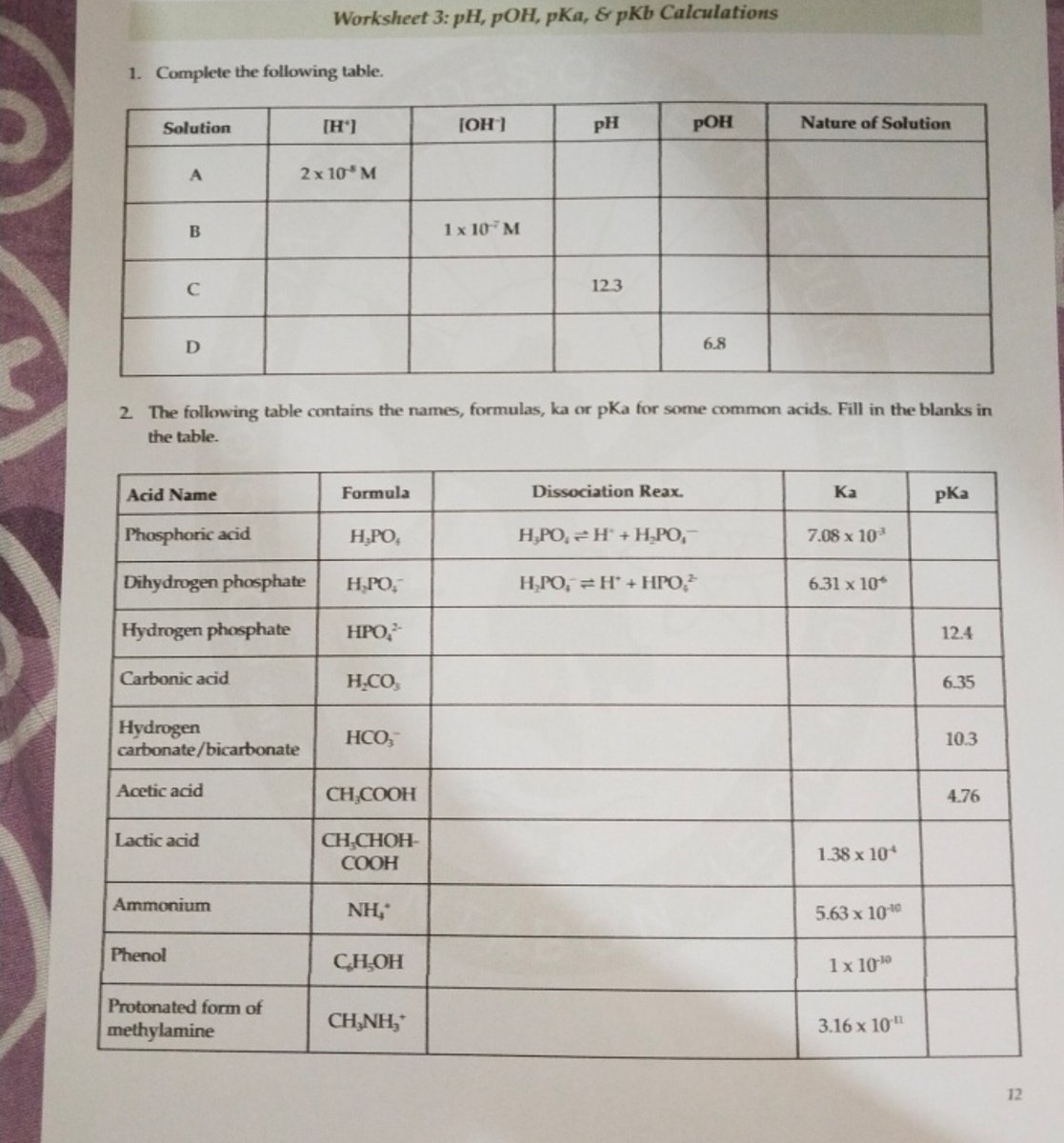 Worksheet 3: pH, pOH, pKa, & pKb Calculations Complete the following tab..