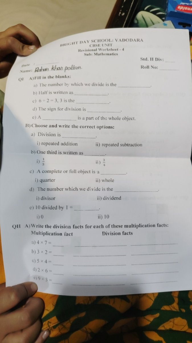 BRIGHT DAY SCHOOL: VADODARA CBSE UNIT Revisional Worksheet - 4 Sub: Mathe..
