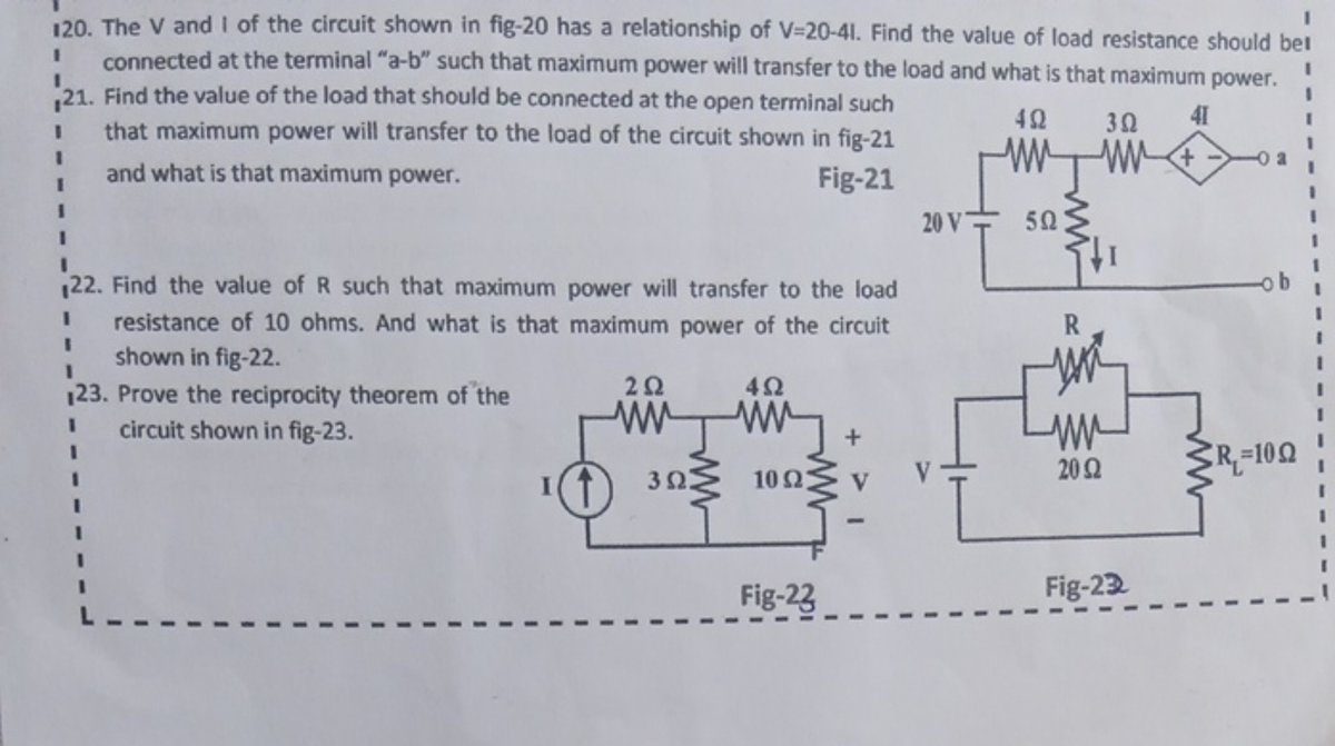 The V and I of the circuit shown in fig-20 has a relationship of V=20-4I...